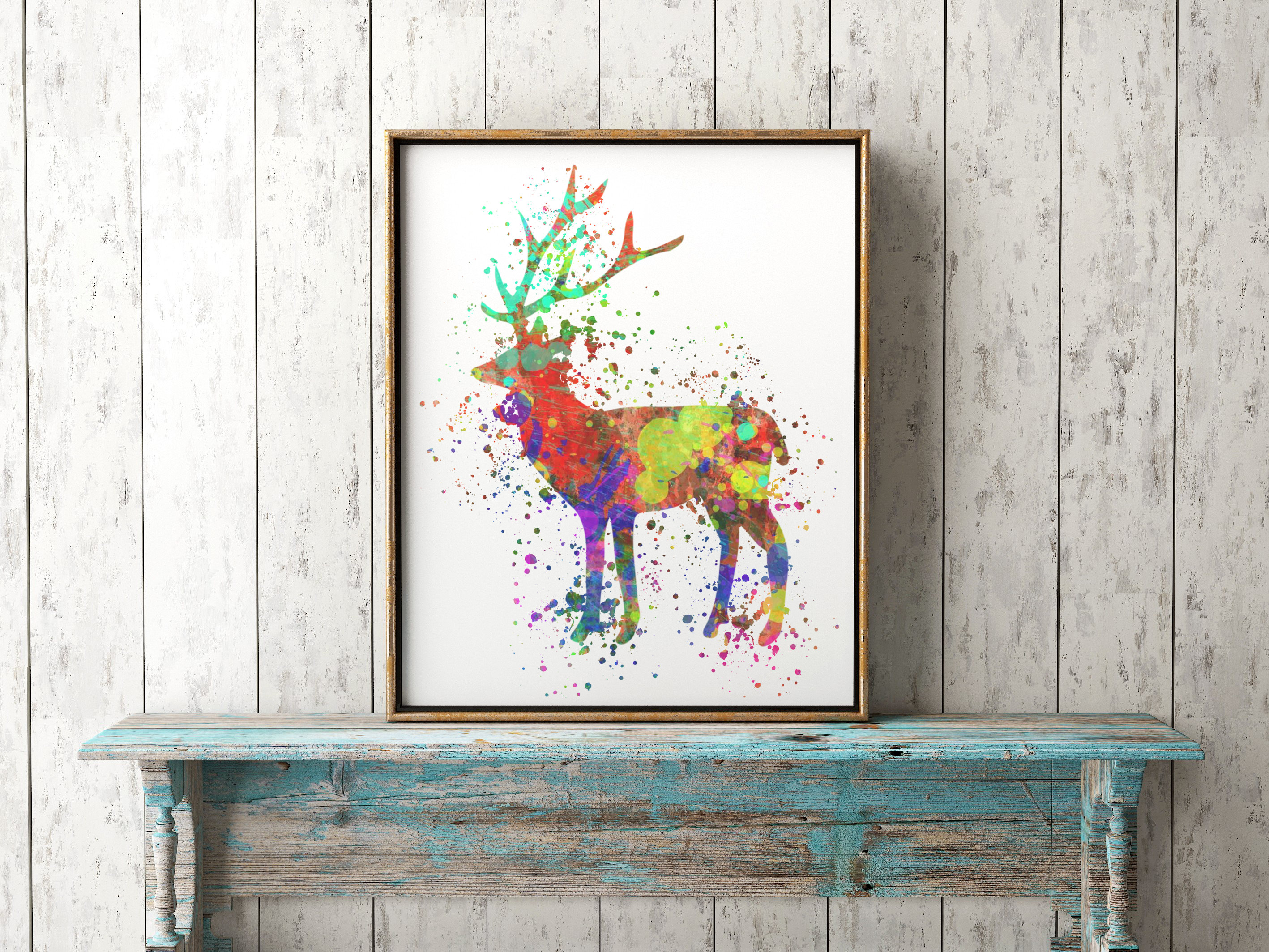 Deer Silhouette Abstract Art Print. Watercolor Paint Splatter. Hunter ...