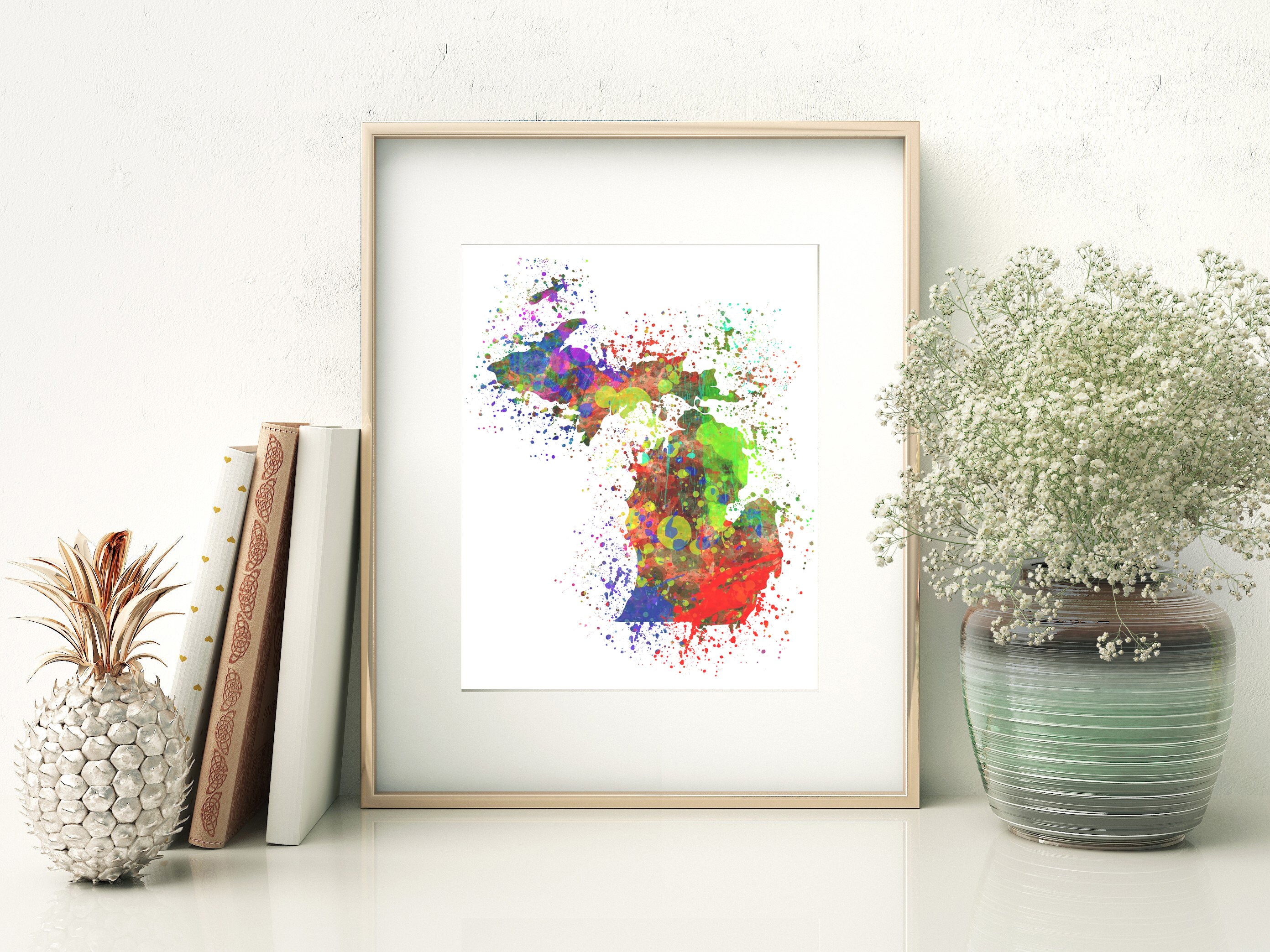 Michigan Map Print. Watercolor Splatter. MI Pride. Native From Upper ...