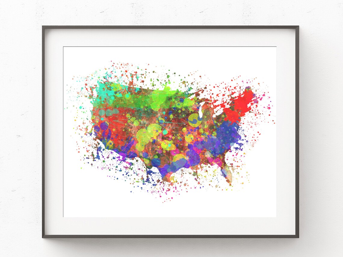 USA Map Print. American. Watercolor Paint Splatter. Abstract Art ...