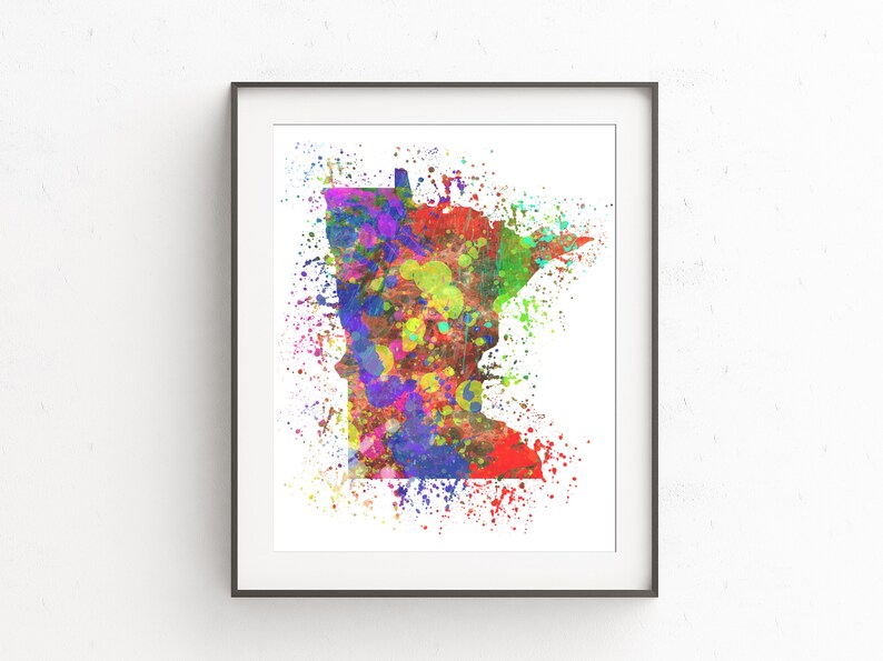 Minnesota Map Print. Watercolor Paint Splatter. Abstract Art. Twin ...