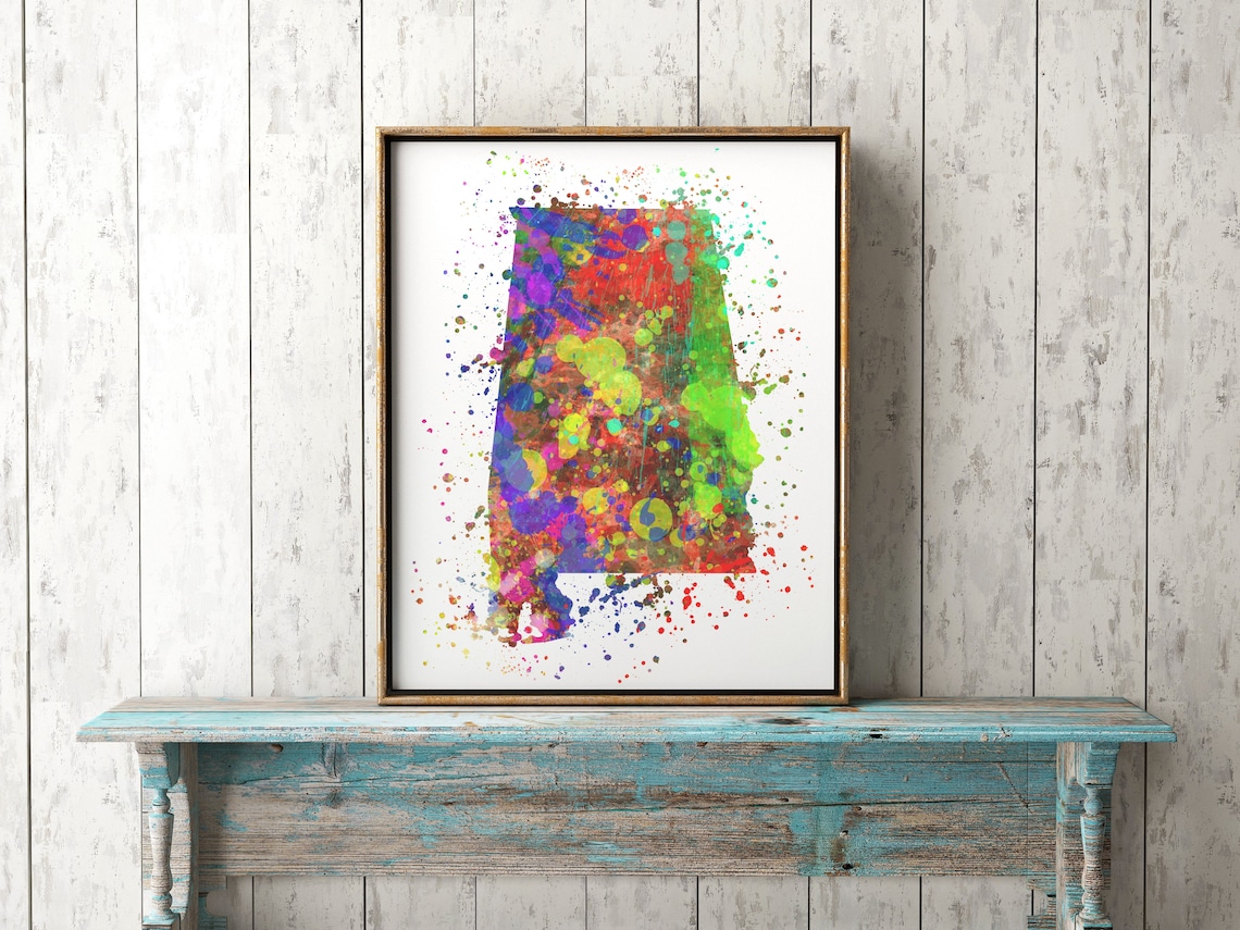 Alabama Map Print. Watercolor Paint Splatter. Bama Native Pride ...