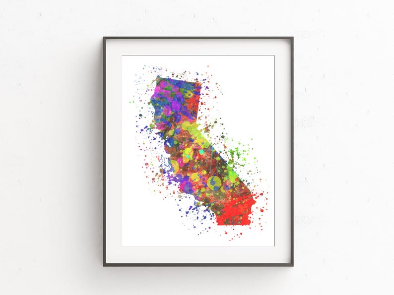 California Map Print. Watercolor Paint Splatter. Ca Cali Native Pride ...