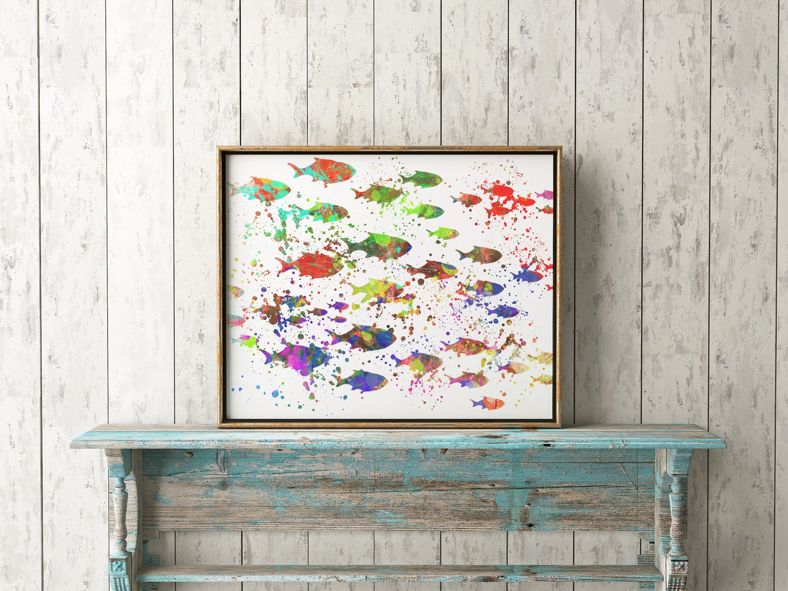 School of Fish Ocean Abstract Art Print. Watercolor Paint Splatter ...