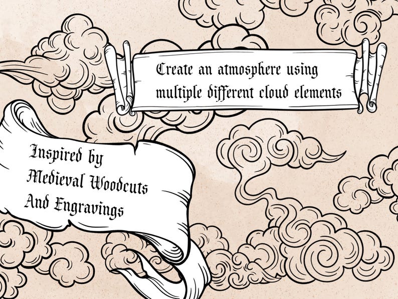 30 Woodcut Cloud Procreate Stamp Set, Medieval Fantasy Inspired ...