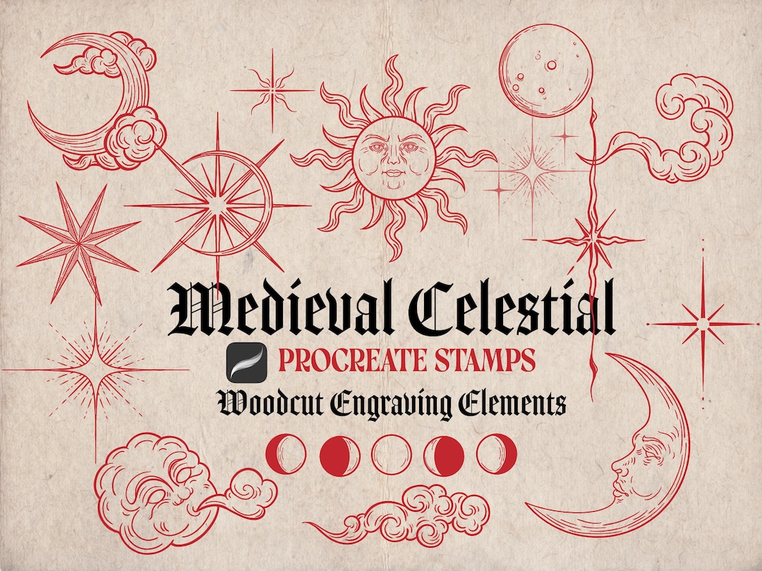 Medieval Celestial Procreate Stamps: Woodcut Sun, Moon, Stars (digital ...