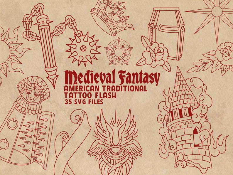 Medieval Fantasy, American Traditional Tattoo Flash SVG Vector Graphics ...