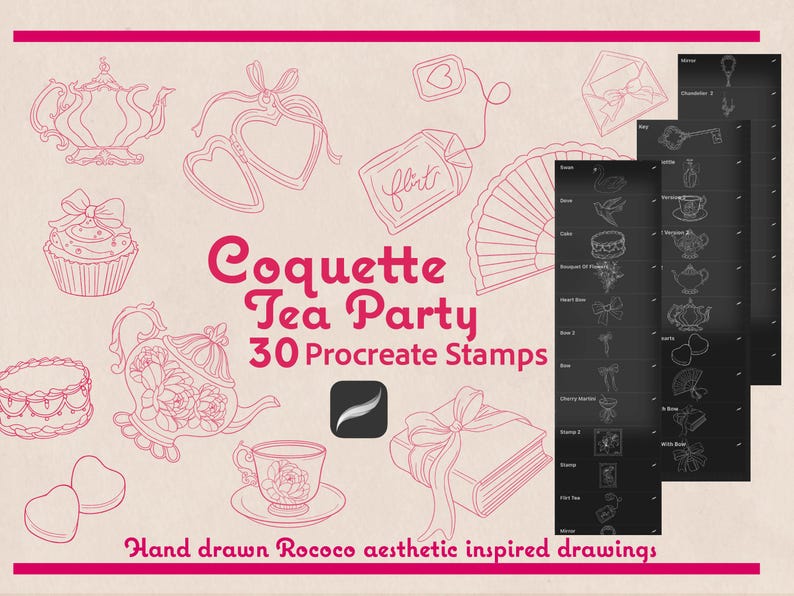 30 Procreate Stamps, Coquette Tea Party, Cute Rococo Inspired ...
