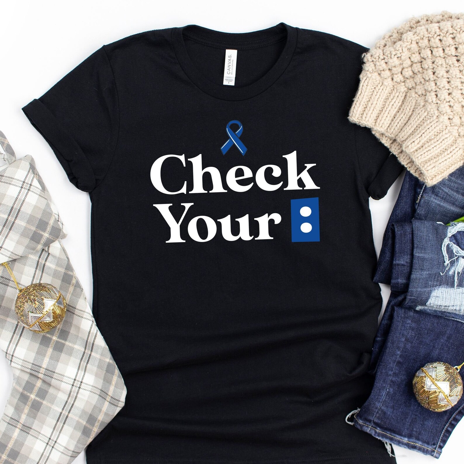 Check Your Colon T-shirt / Dark Blue Ribbon / Colon Cancer Shirt ...