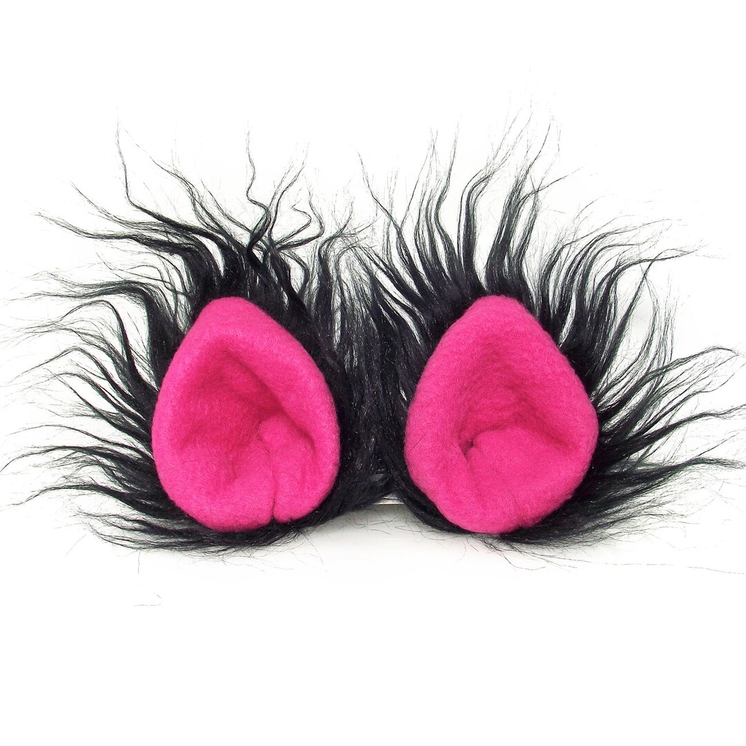 Furry Faux Ear Clips Black Fur Hot Pink Ear Clip Cosplay Animal Costume ...