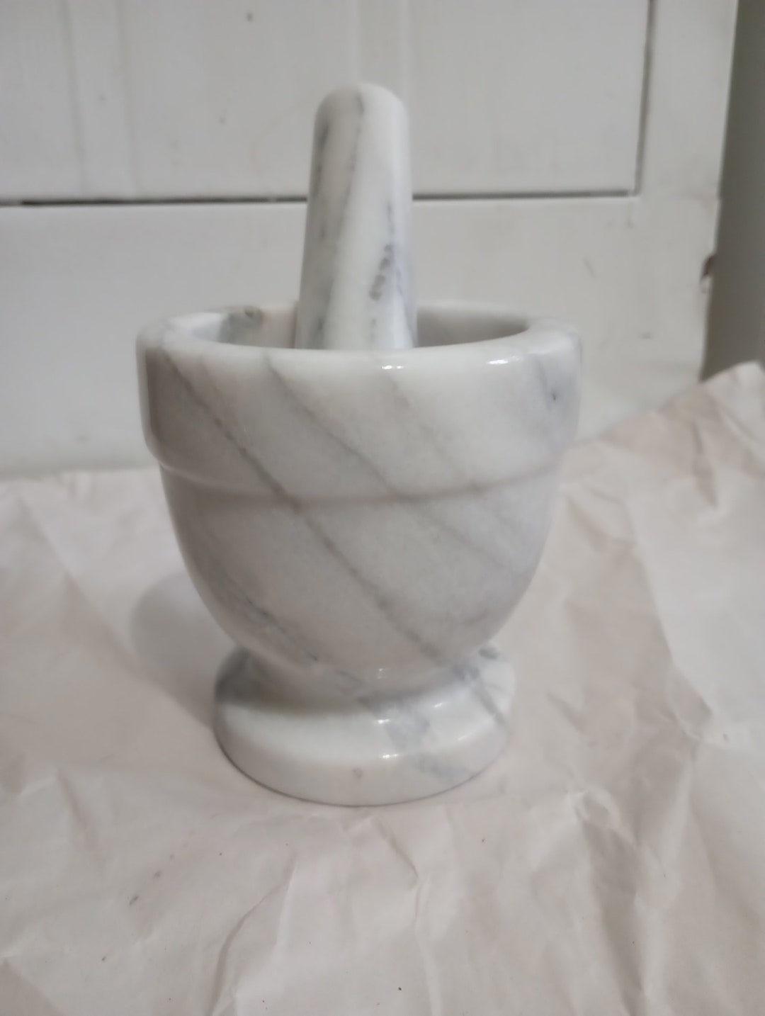 Mortar Pestle Marble Vintage Pill Crusher Herb Mixer 2 Tone Gray White ...