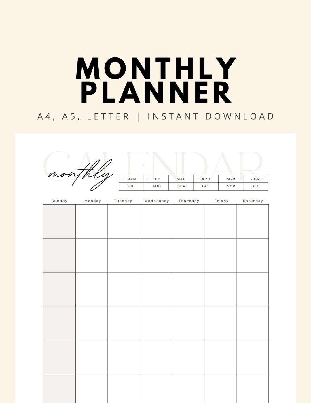Minimalist Monthly Planner Printable, Instant Download, Monthly to Do ...