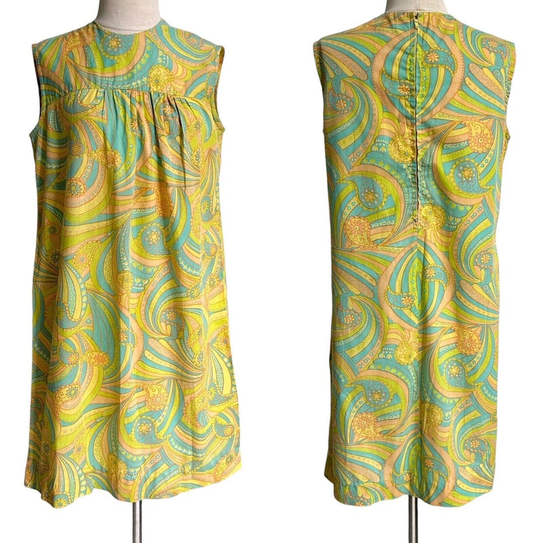 60s Psychedelic Mini Tent Dress, Lightweight Cotton Summer, Relaxed ...