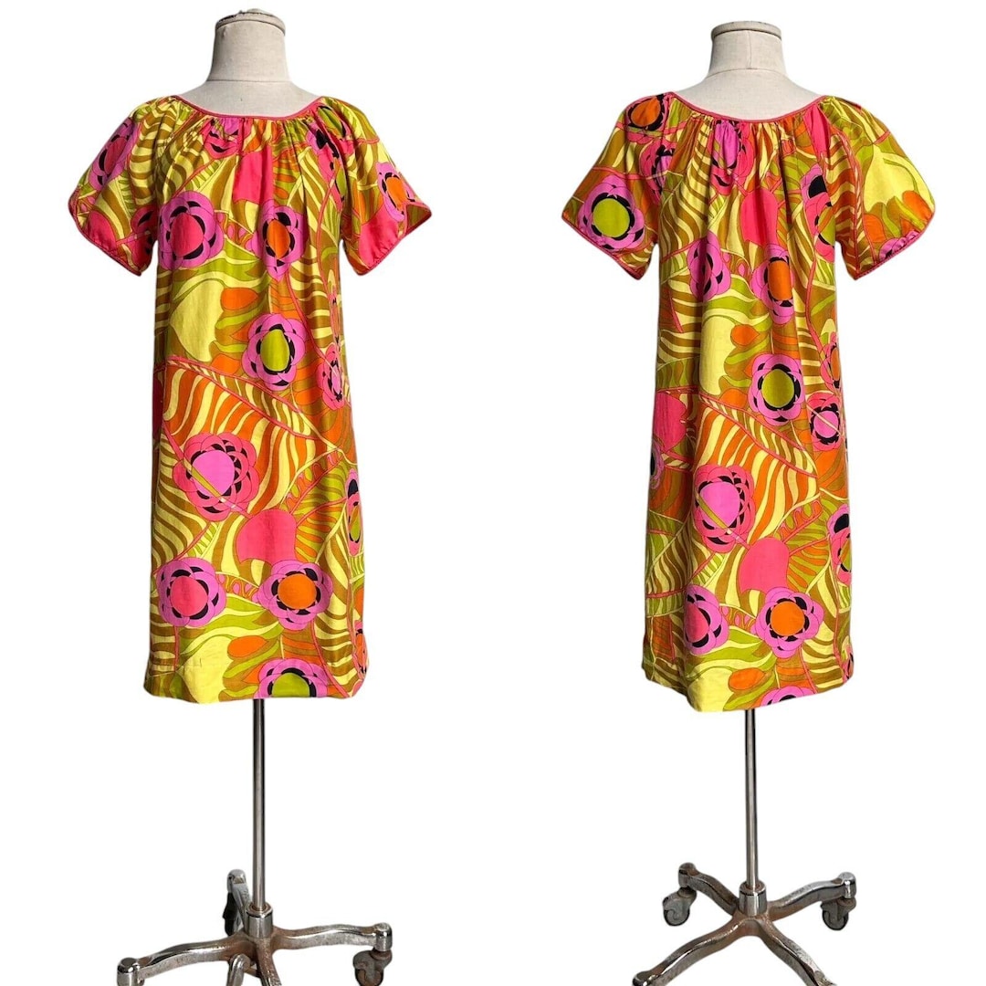 60s 70s Vintage Mini Mumu Dress Abstract Neon Tropical Bright Pattern ...