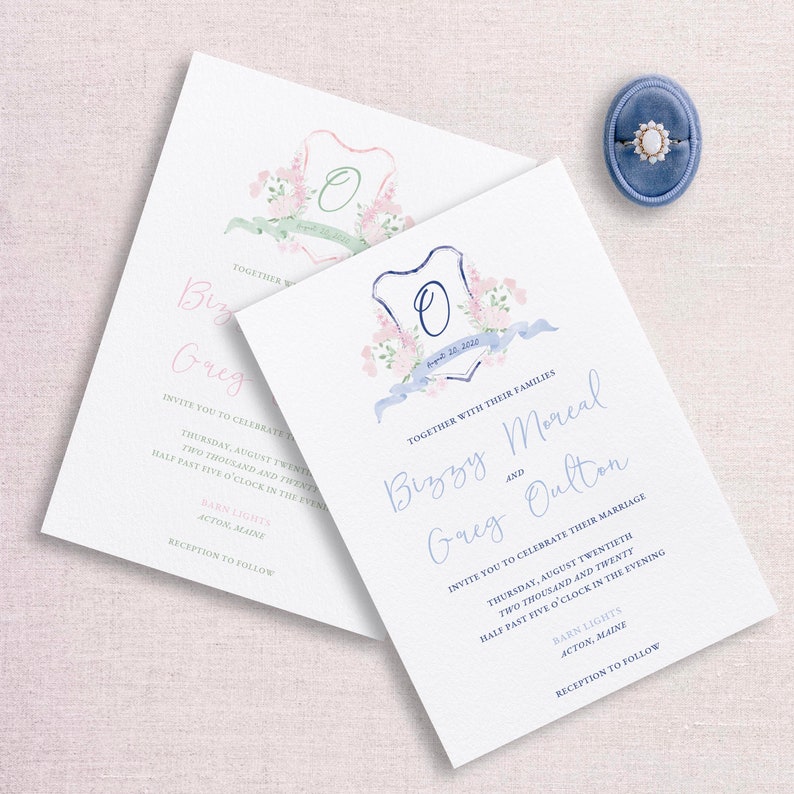 Southern Wedding Invitation With Watercolor Monogram Crest | Elegant ...