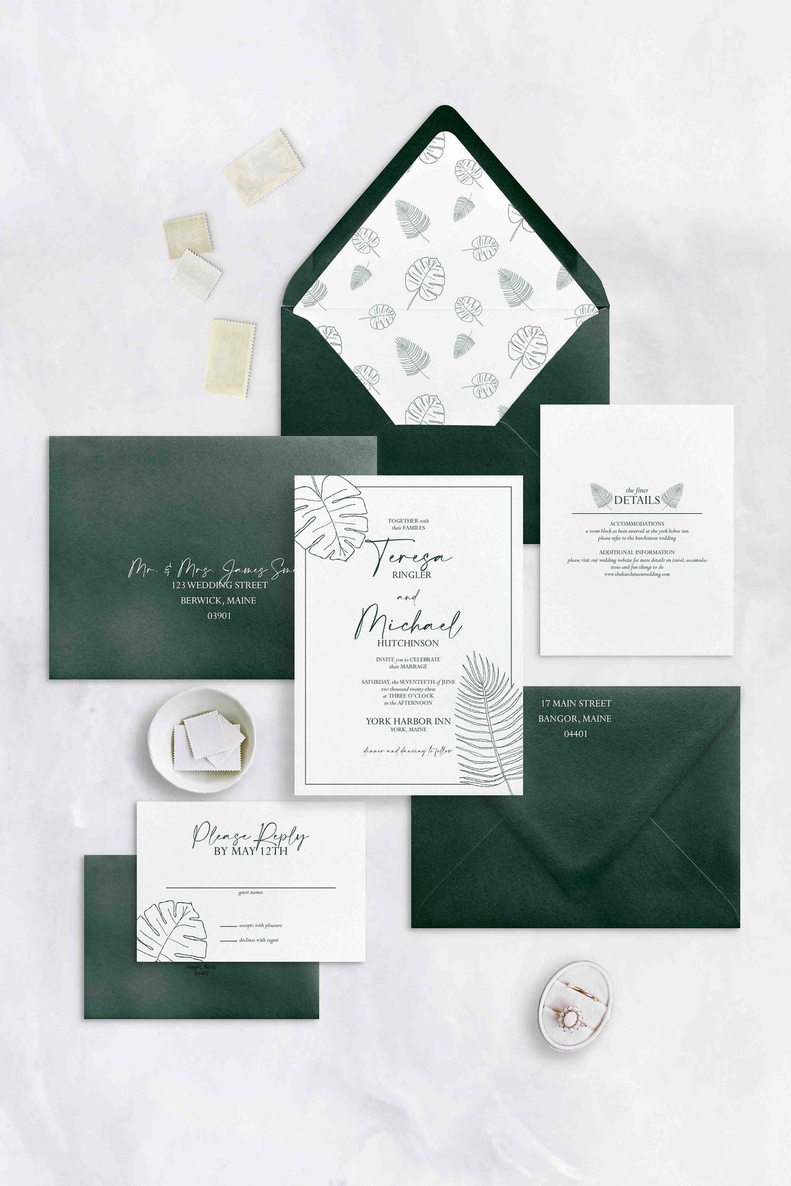 Tropical Wedding Invitations With Green Paper and Gold Foil - Etsy