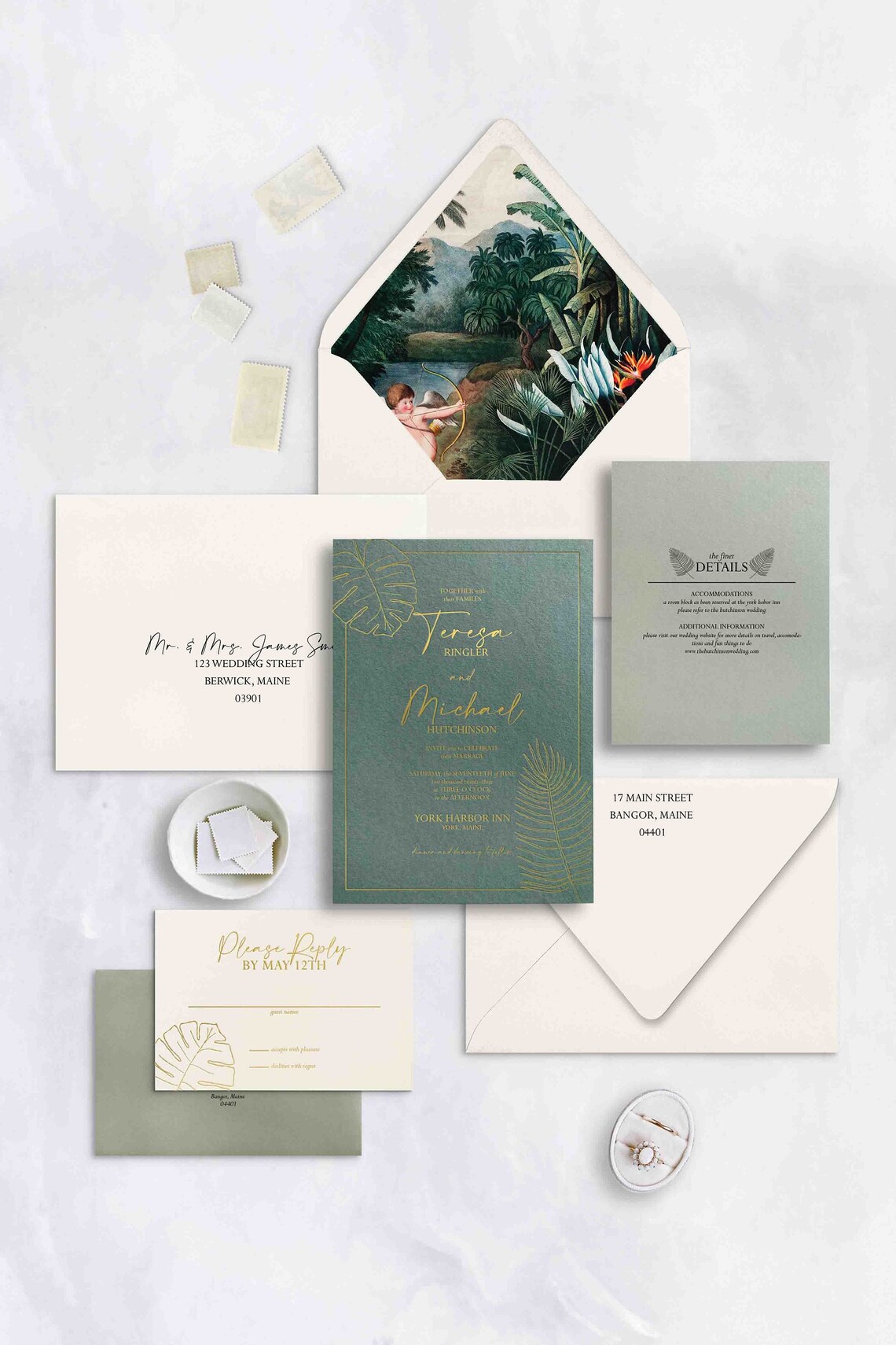 Tropical Wedding Invitations With Green Paper and Gold Foil - Etsy