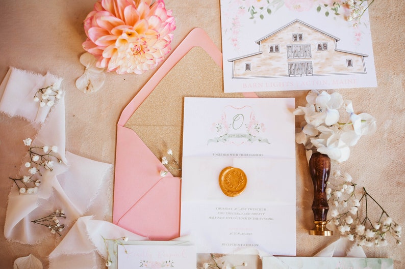 Southern Wedding Invitation With Watercolor Monogram Crest | Elegant ...