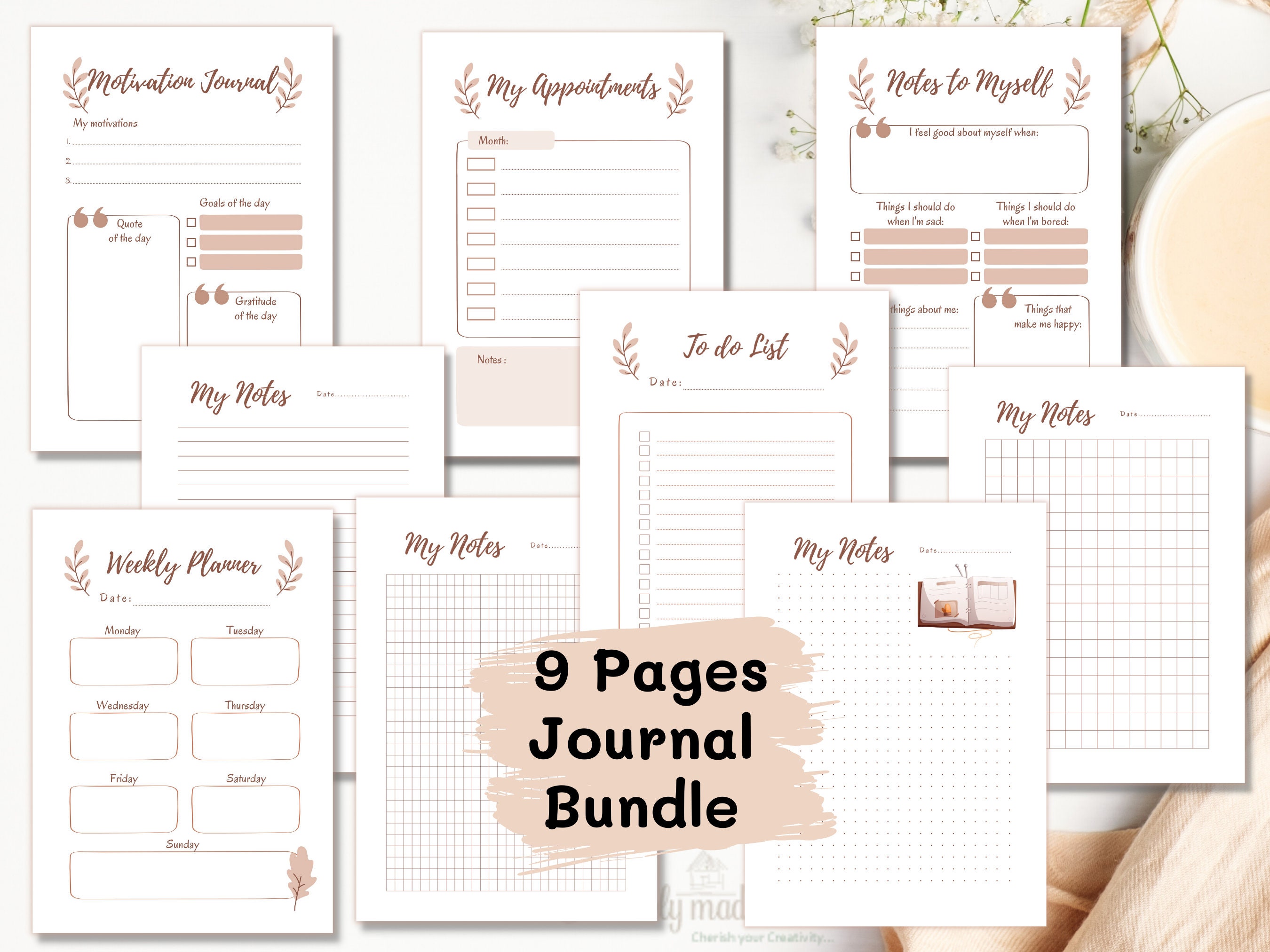 9 Pages Journal Printable Bundle, Motivational Notes Reminder to Do ...