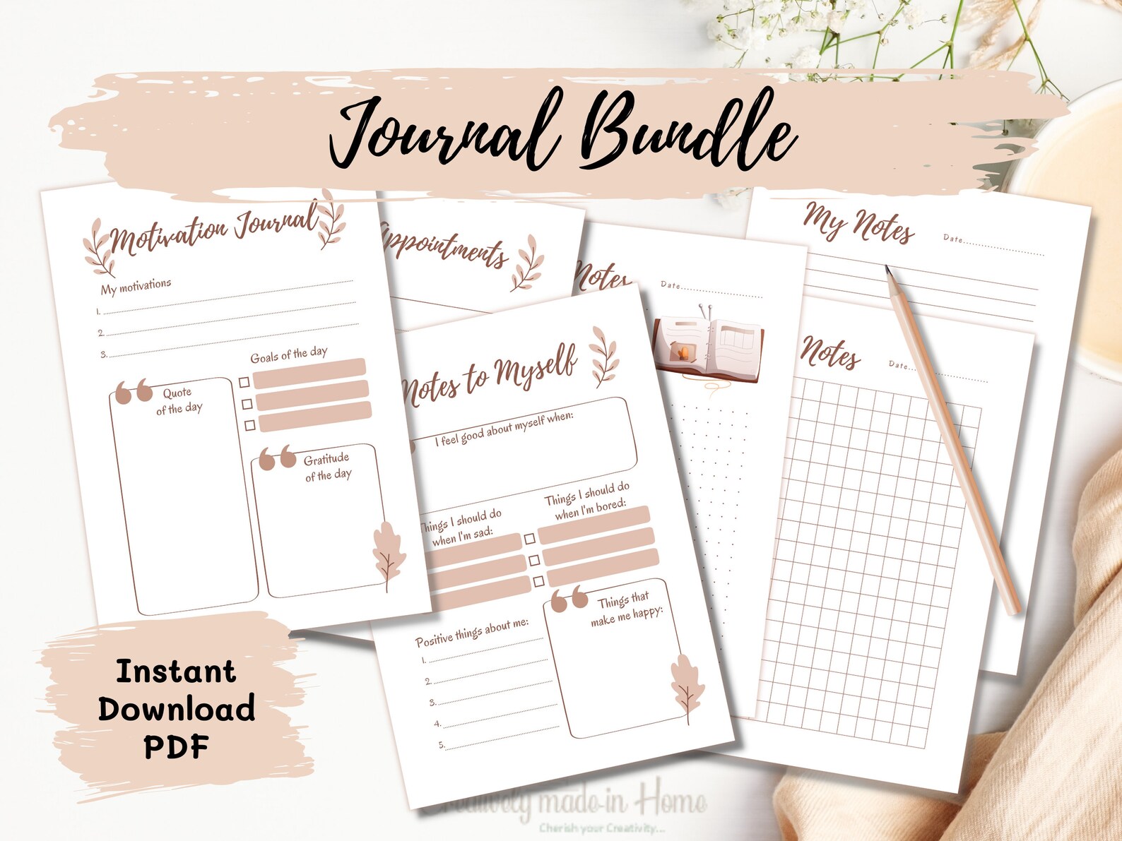 9 Pages Journal Printable Bundle, Motivational Notes Reminder to Do ...