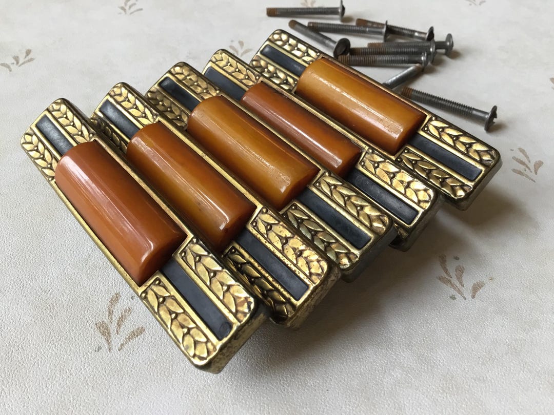 Bakelite Cabinet Handles Art Deco Drawer Pulls Set of 5 Brass Plated ...