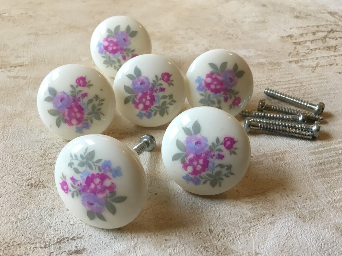 Vintage Purple Floral Drawer Knobs Set of 6 Plastic Kitschy Purple ...