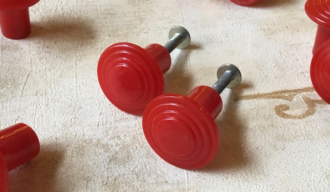 Art Deco Cherry Red Ribbed Early Plastic Cupboard Pulls Pair of Single ...