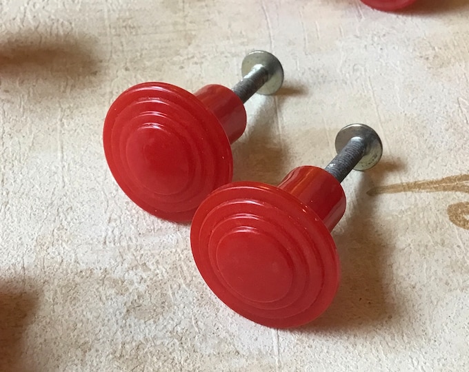 Art Deco Cherry Red Ribbed Early Plastic Cupboard Pulls Pair of Single ...