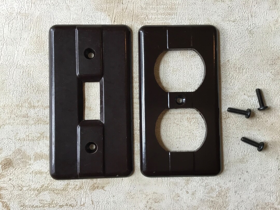 Vintage Brown Duplex Receptacle Plate With Matching Single Light Switch ...