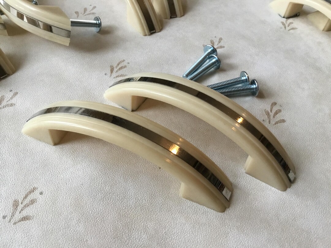 Beige and Chrome Cabinet Handles Pair of Art Deco 4” 1940’s Hoosier ...
