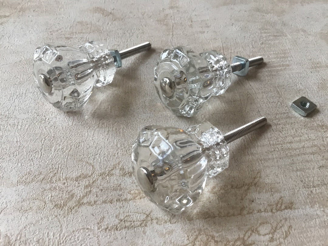 Antique Glass Knobs Set of 3 Vintage Glass 10 Sided Polygon Decagon Glass Cupboard Knobs Vintage ...