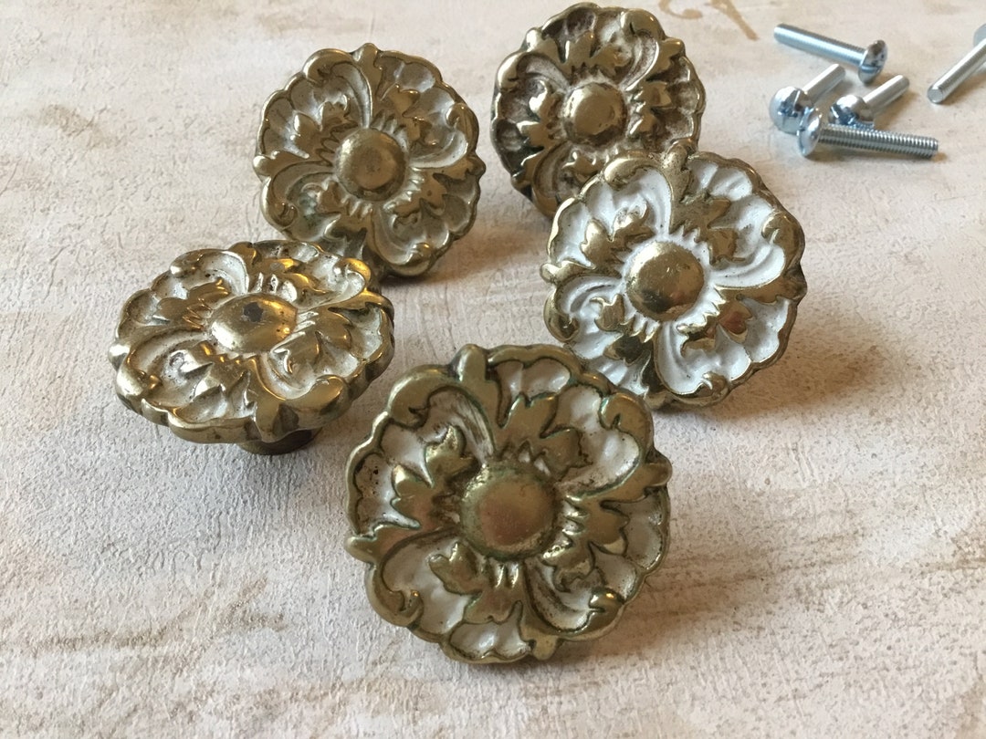 Vintage French Provincial Styled Drawer Knobs Set of 5 Brass and White ...