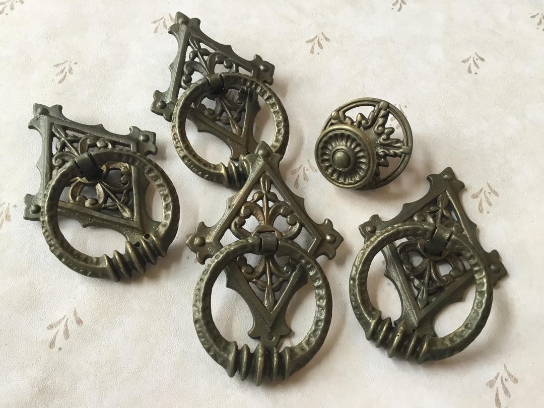 Vintage Brass Ring Pulls Set of 4 Antique Cabinet Door Ring Pulls With ...