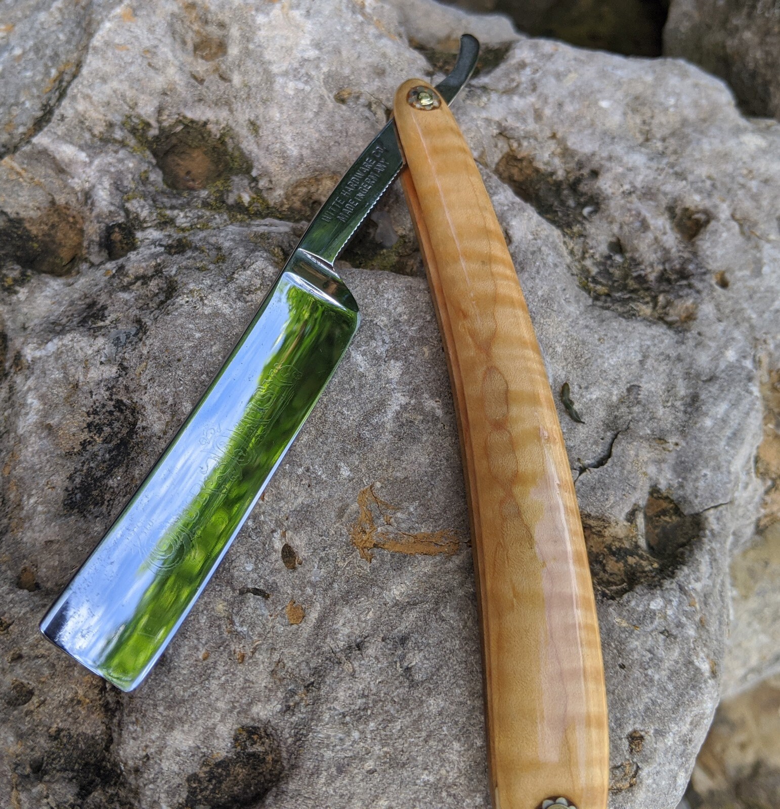 Witte Hardware Co. Our Daisy German straight razor custom wood scales