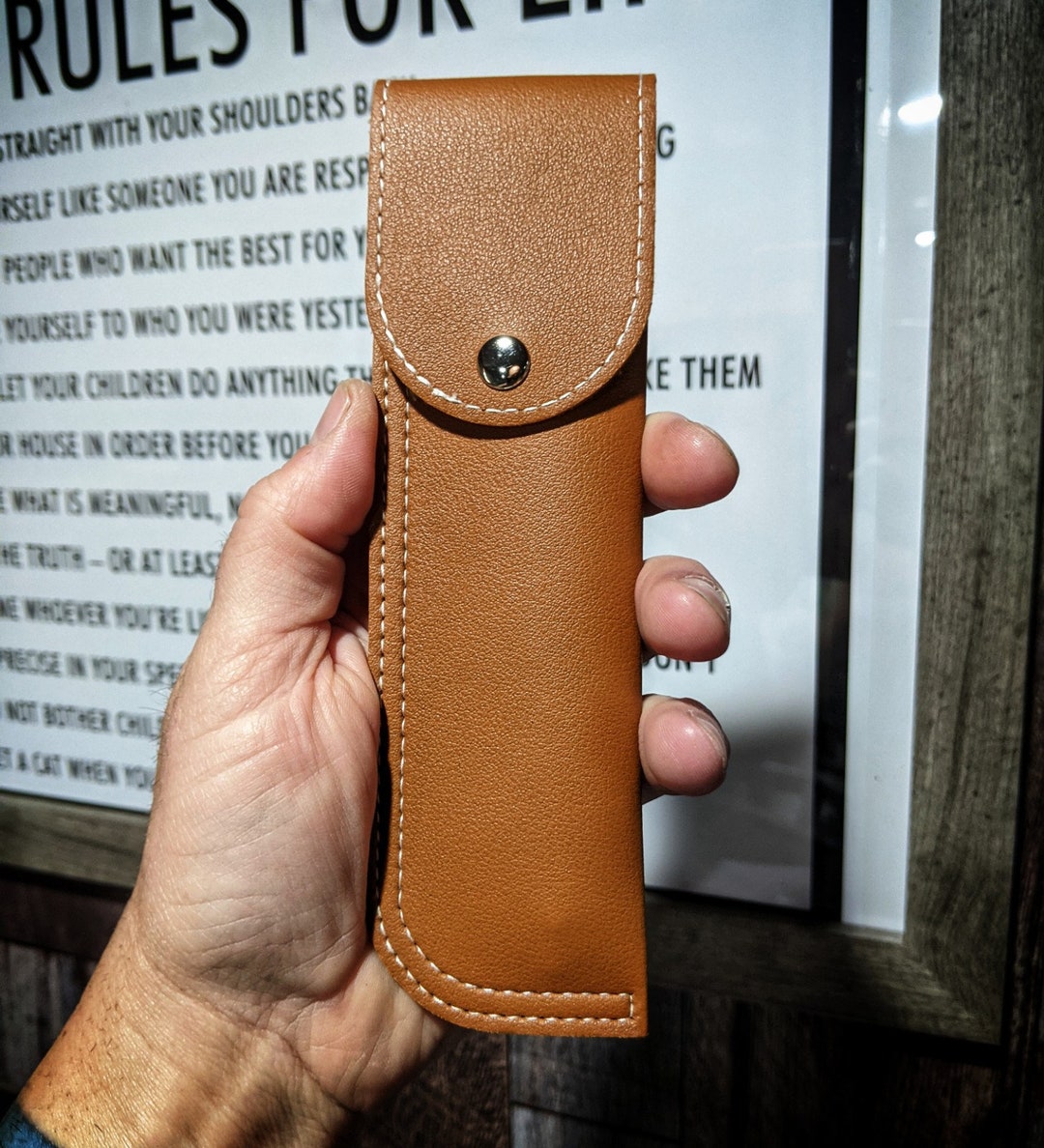 Brown Leather Look Double Stitch Straight Razor Case Travel Storage ...