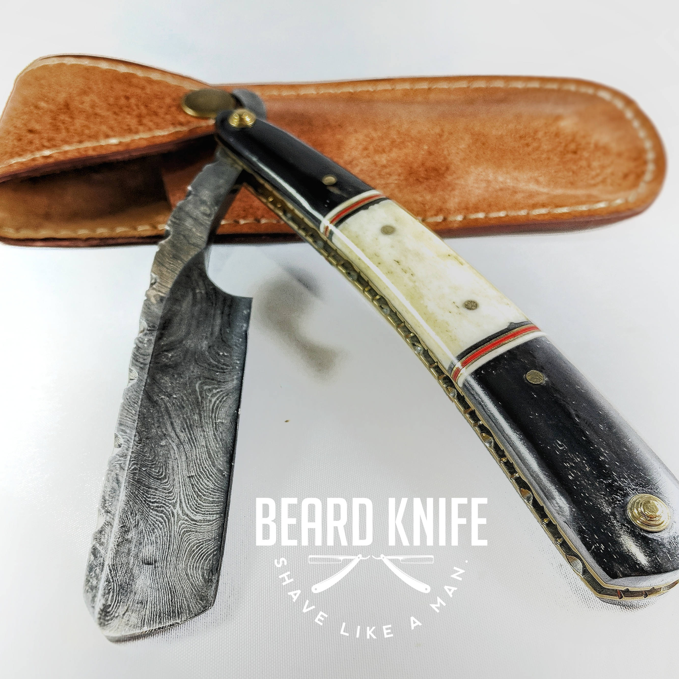 Damascus Steel Straight Razor camel bone black stripes Handle artistic ...