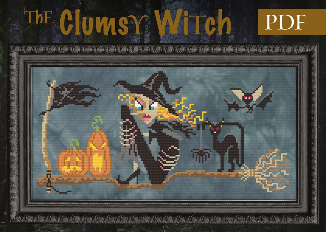 The Clumsy Witch Cross Stitch Pattern, Halloween Witch Cross Stitch ...