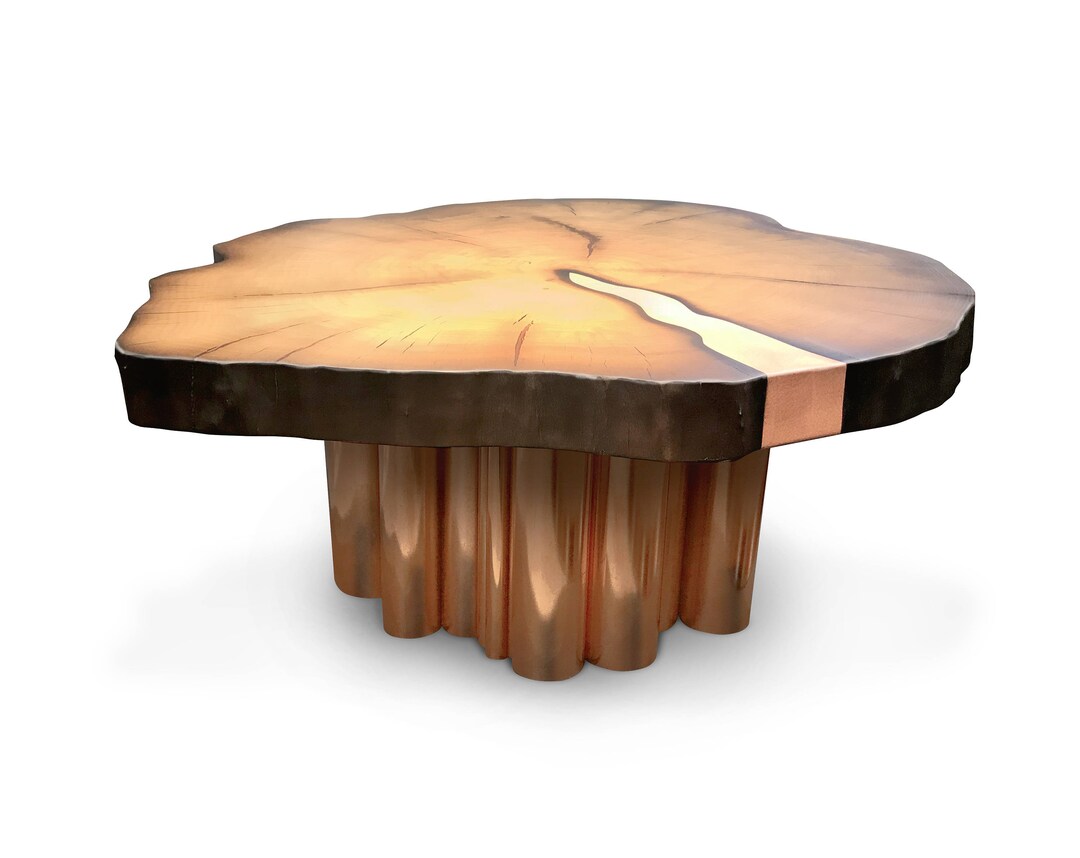 Round Solid Wood Coffee Table Copper Legs Modern Coffee Table Solid ...