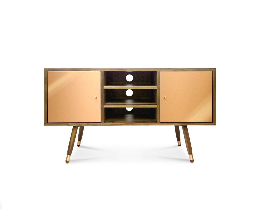 Modern Wood Media Unit Walnut TV Stand Gold Color Entertainment Unit ...