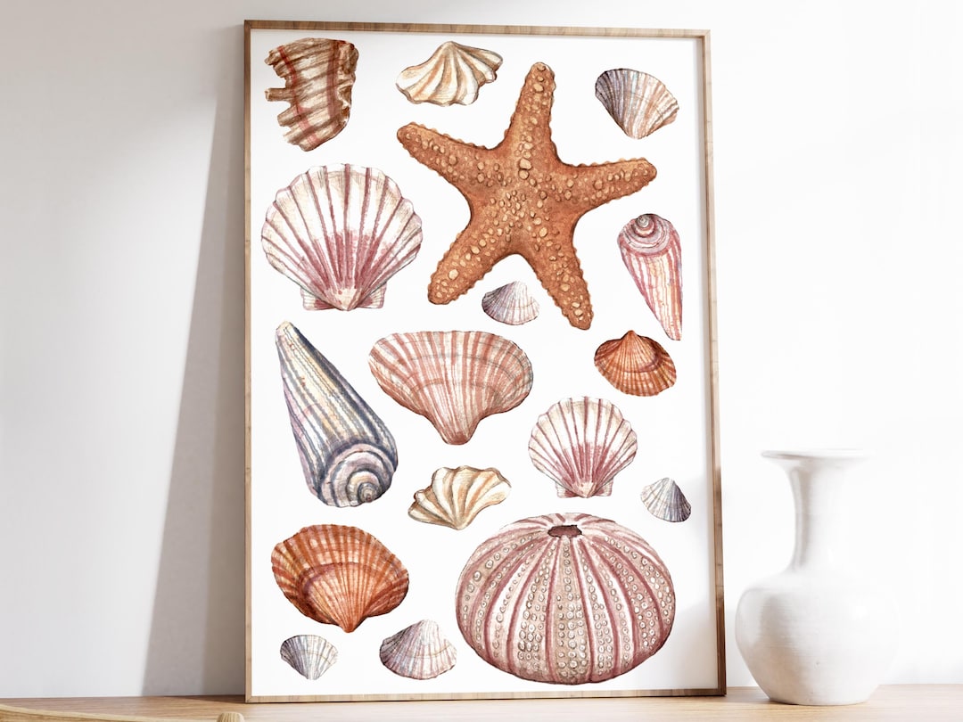 Seashell Print. Watercolor Coastal Wall Art. Nautical Summer Beach ...