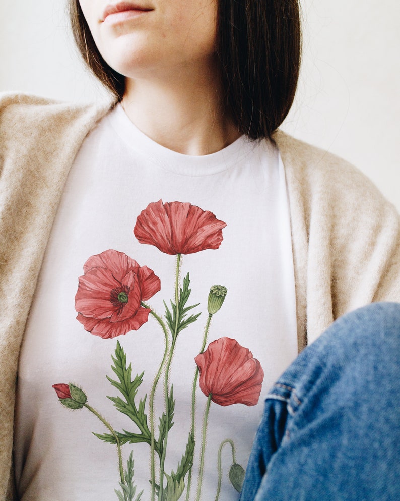 Red Poppy Shirt: August Birth Flower, Watercolor Floral Tee - Etsy