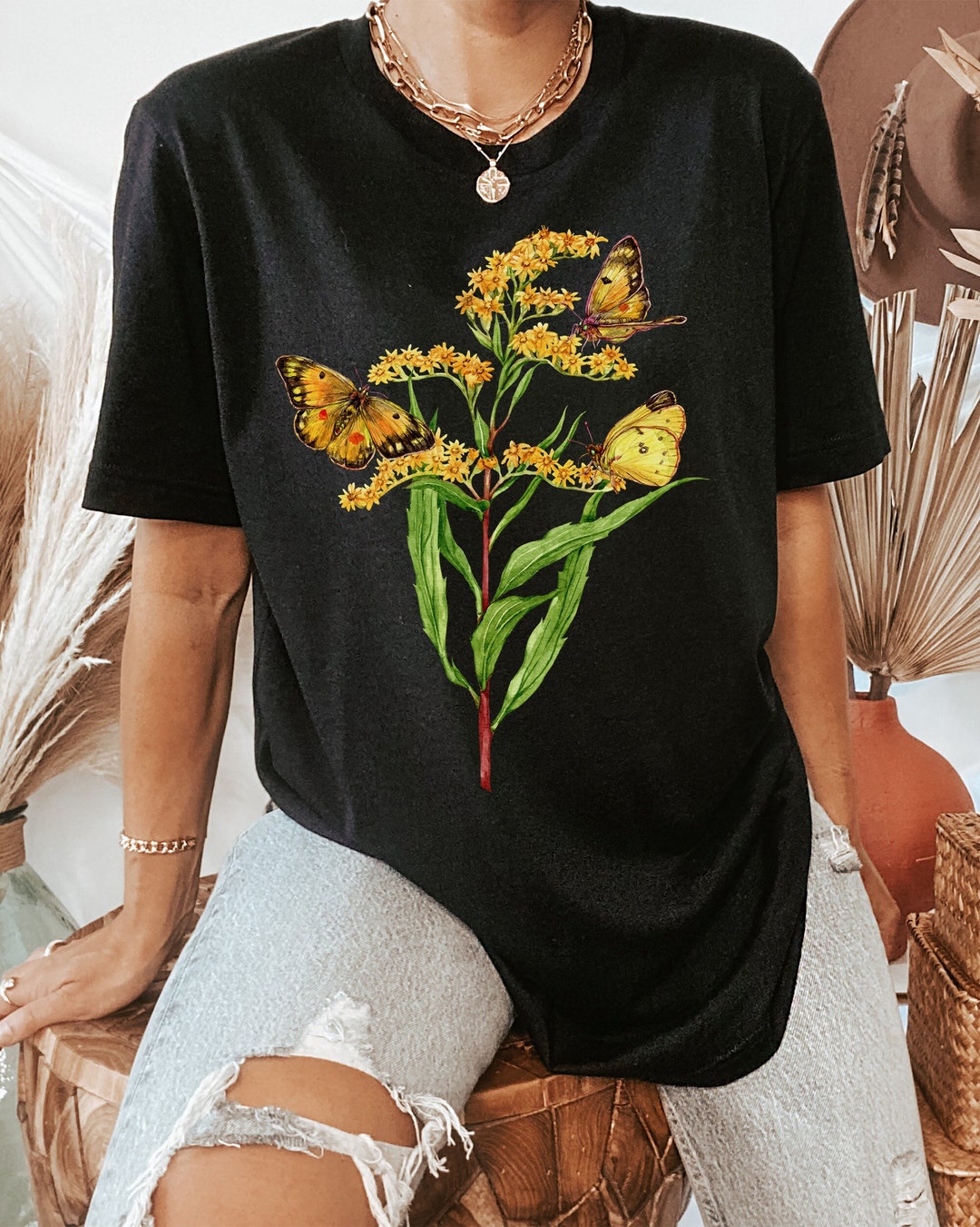 Butterfly Goldenrod Shirt. Flower Shirt. Watercolor Wildflower Tshirt ...