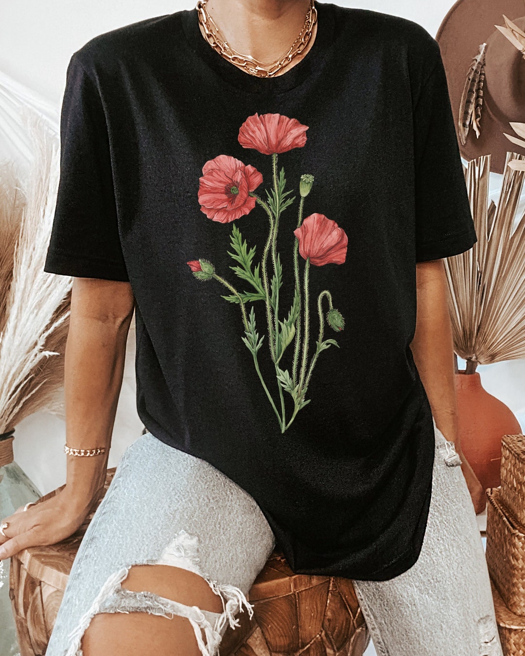 Red Poppy Shirt: August Birth Flower, Watercolor Botanical Tee - Etsy
