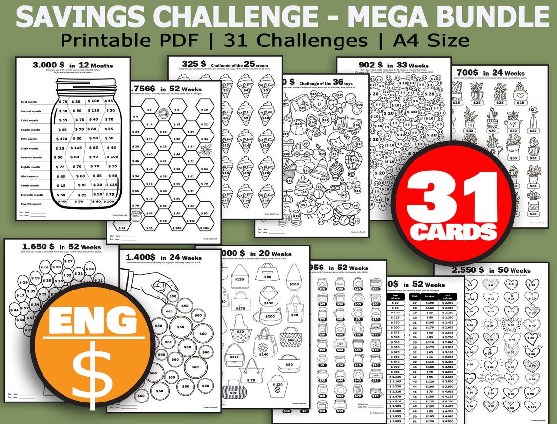 Money Saving Challenge, A4, English Dollars, Savings Tracker Printables ...