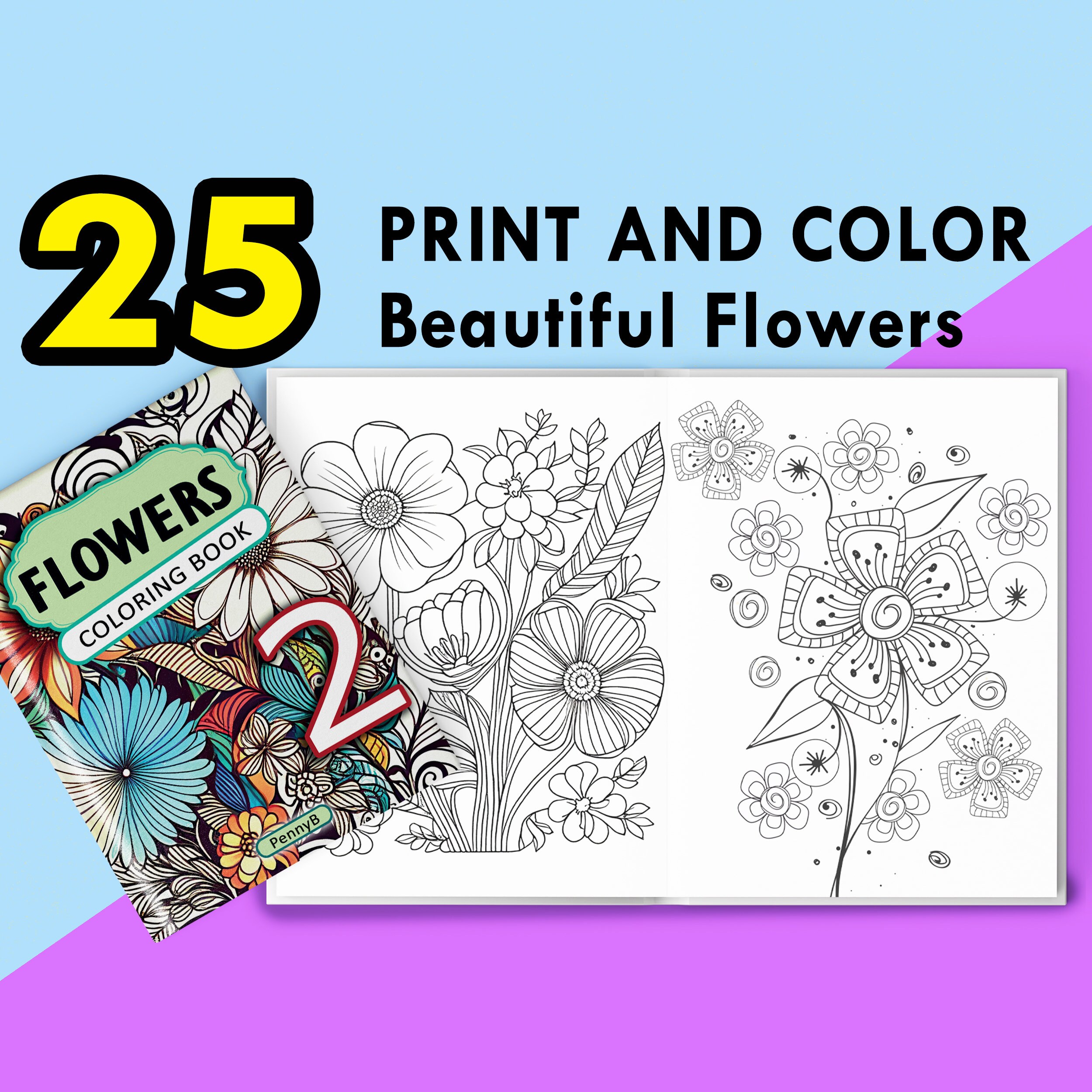 Coloring Book for Adults, Adult Coloring Book, Flowers Prints. 25 ...
