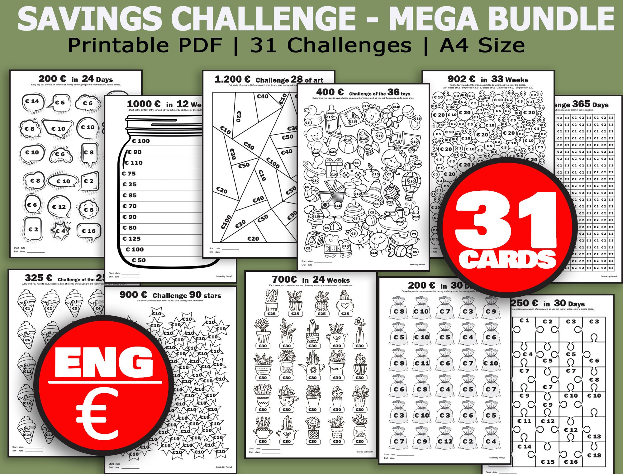 Savings Challenge Printable, 31 Challenge, English/euro, A4 Savings Challenge, Puzzle Savings ...
