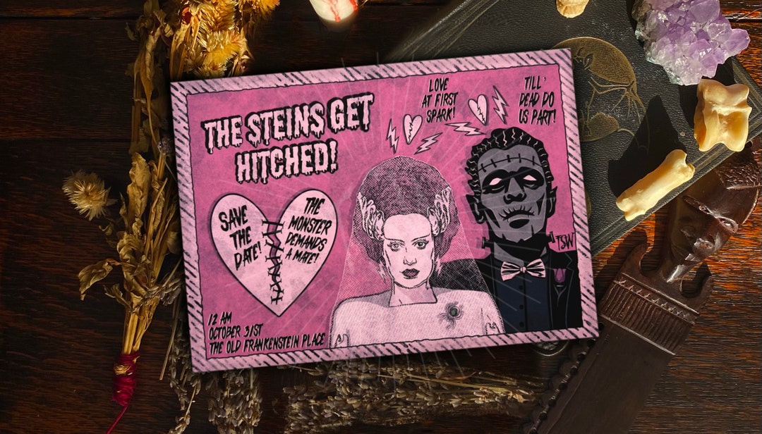 Vintage Halloween Art Print, Frankenstein Bride Wedding Invitation ...