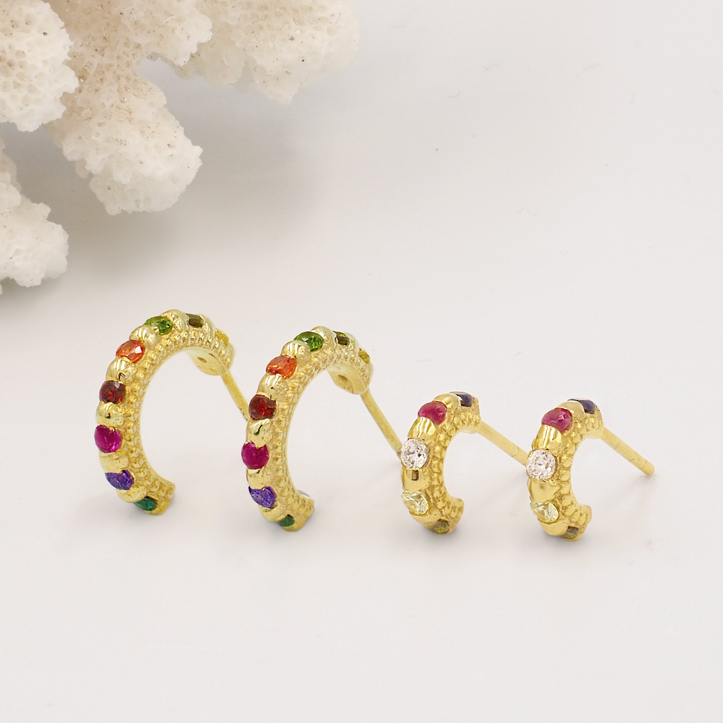 Tiny, Mini 18k Gold Plated & Rainbow Gemstone Molten Huggie Hoop ...
