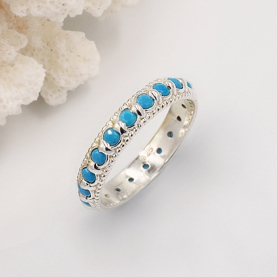 Elia Turquoise Silver Stacking Eternity Ring Band Stackable Gemstone Infinity Ring December Leo ...