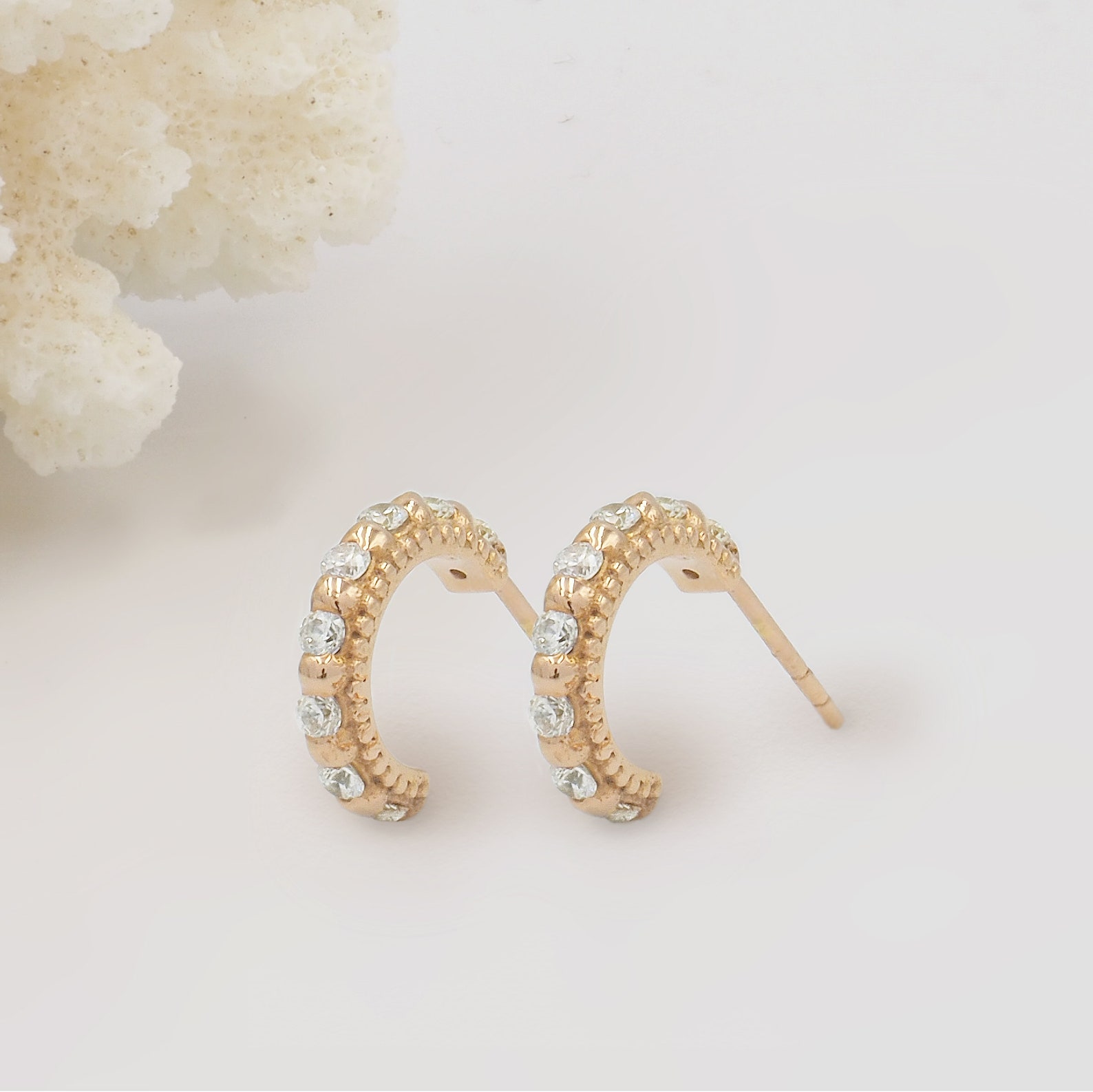 Tiny, Mini 18k Rose Gold Plated & White Topaz Molten Huggie Hoop ...