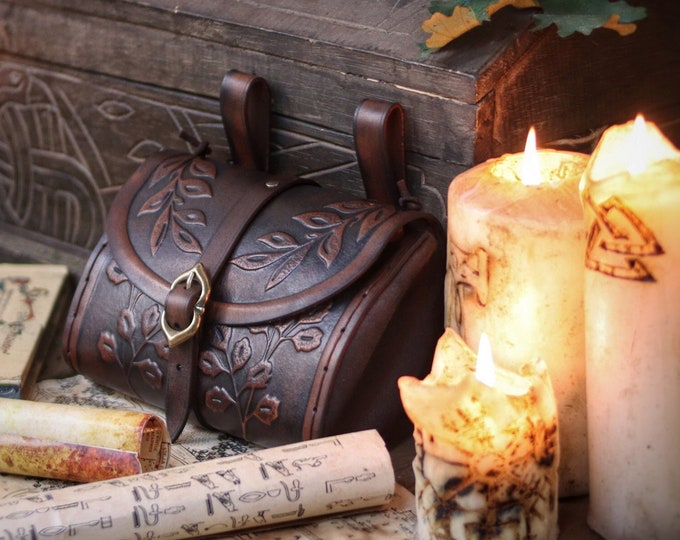 Floral Medieval Leather Hip Bag Pouch Embossed and Weathered in a ...